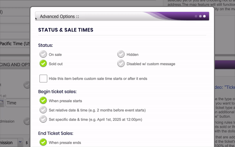 Marking the ticket “status” checkbox options when creating an event ...