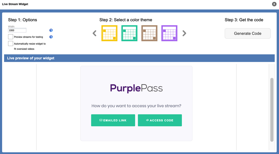Generating a live stream embed code using a widget – Purplepass