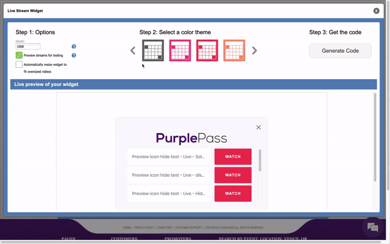 Generating a live stream embed code using a widget – Purplepass