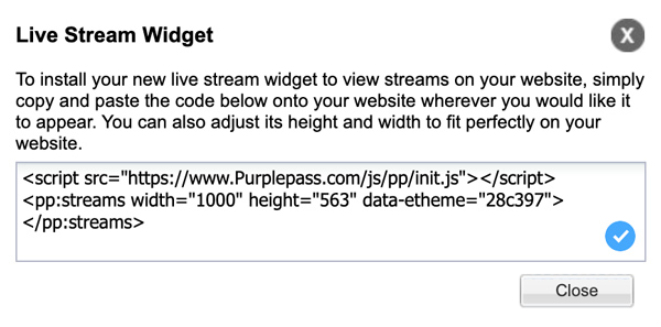 Generating a live stream embed code using a widget – Purplepass