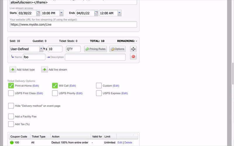 Creating a live stream ticket type option – Purplepass