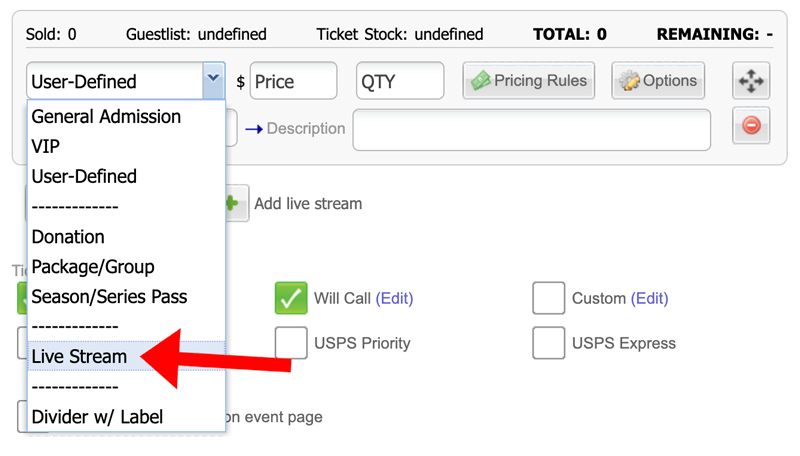 Creating a live stream ticket type option – Purplepass